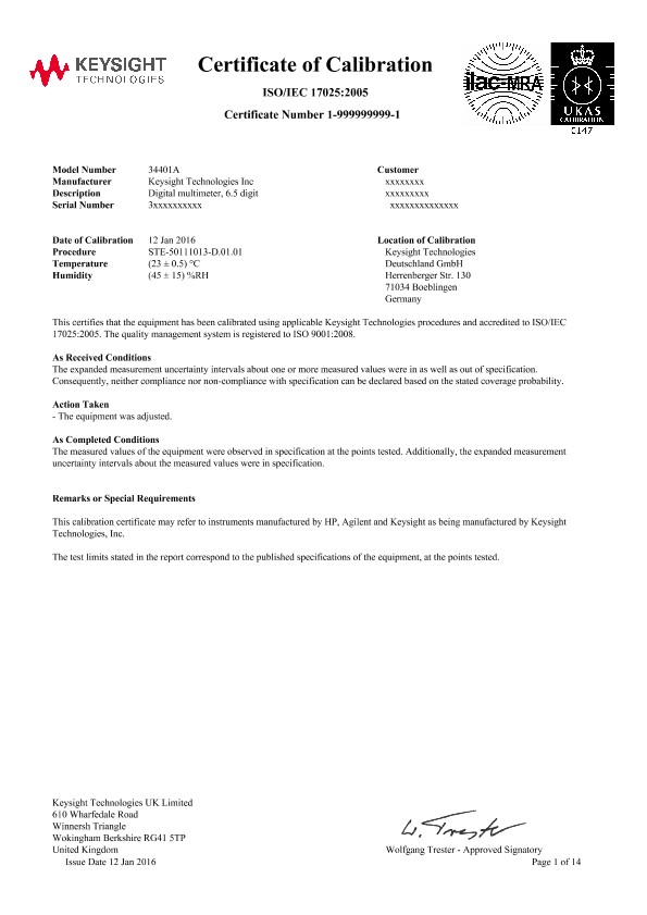 34401A Certificate of Calibration PDF Asset Page | Keysight